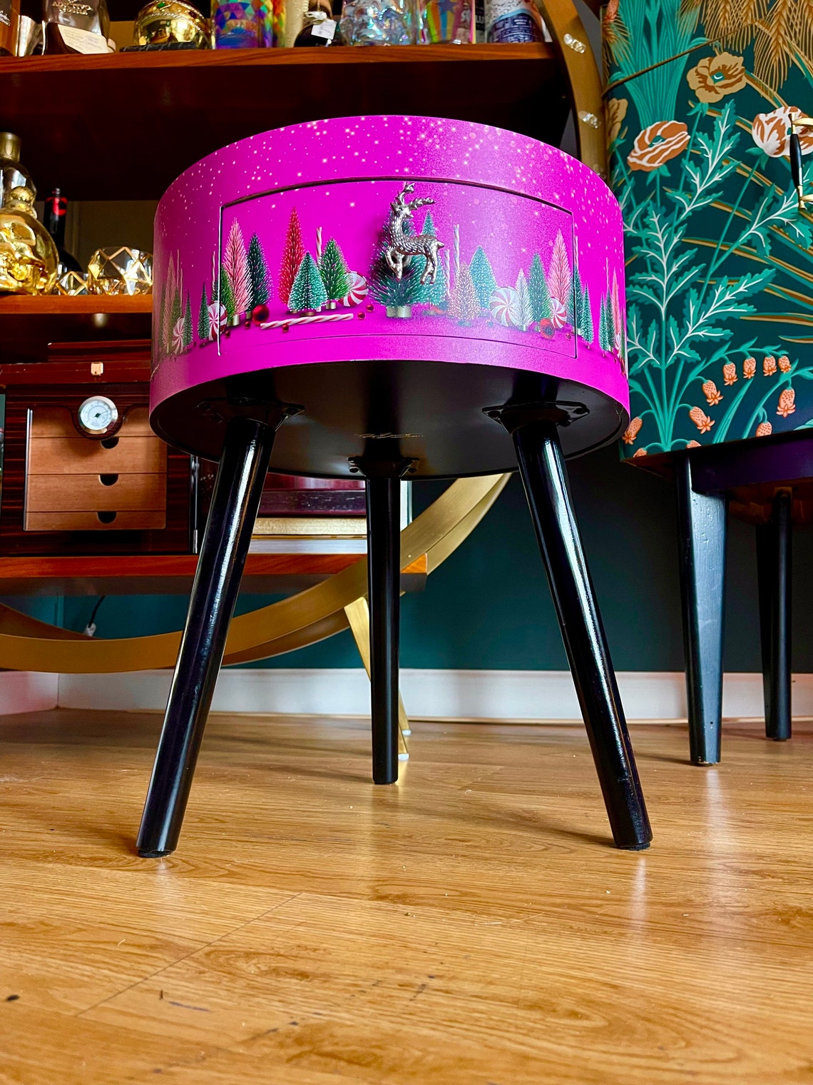 Hot Pink and Black Round Bedside Table , Christmas Design. Ideal for ...