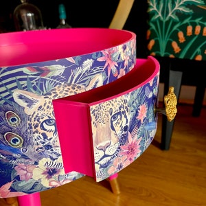 Round Hot Pink Bedside Table, Green and Navy Leopard and Floral Design ...