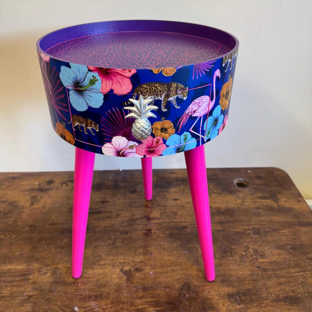 Leopard and Flamingo Bedside Table, Teal Pink and Navy Blue Design ...