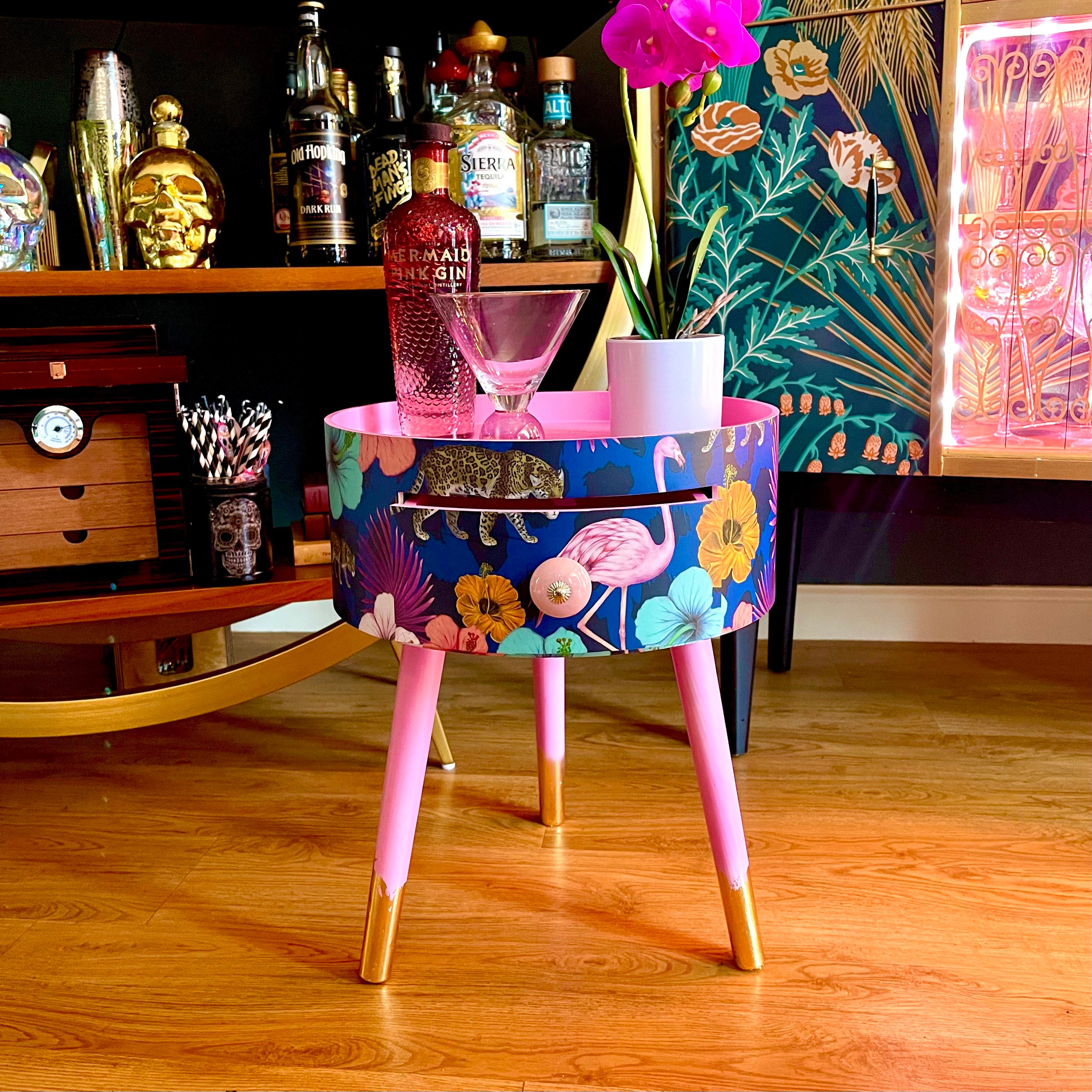 Pink and Blue Tropical Side Table . Flamingo and Leopard Print ...