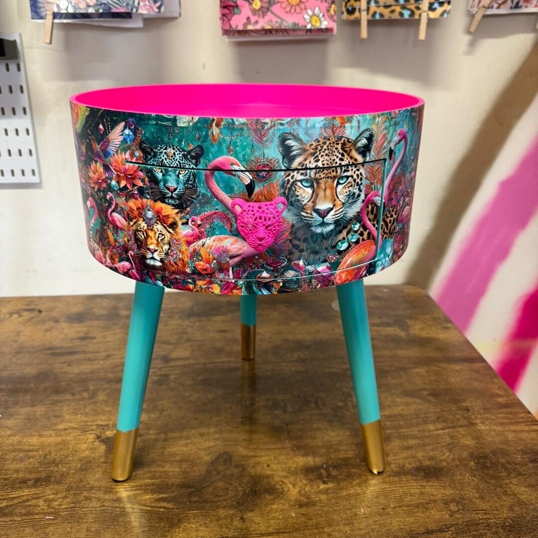 Round Hot Pink Bedside Table, Pink and Mint Leopard and Flamingo Design ...