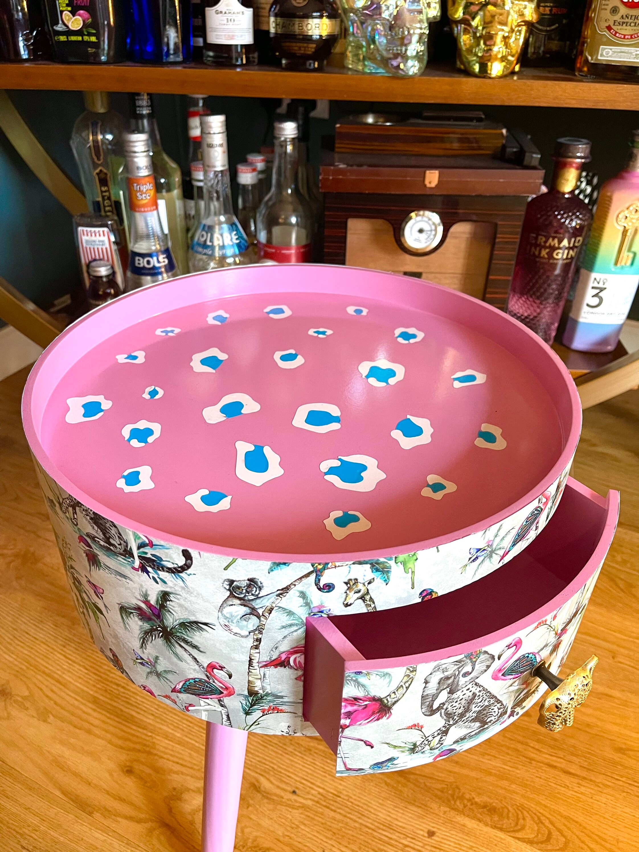 Round Leopard Print Small Coffee Table With Drawer in Grey - Etsy