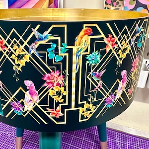 Art Deco Bed Side Table, Emerald Green, Gold and Pink Bird Design ...