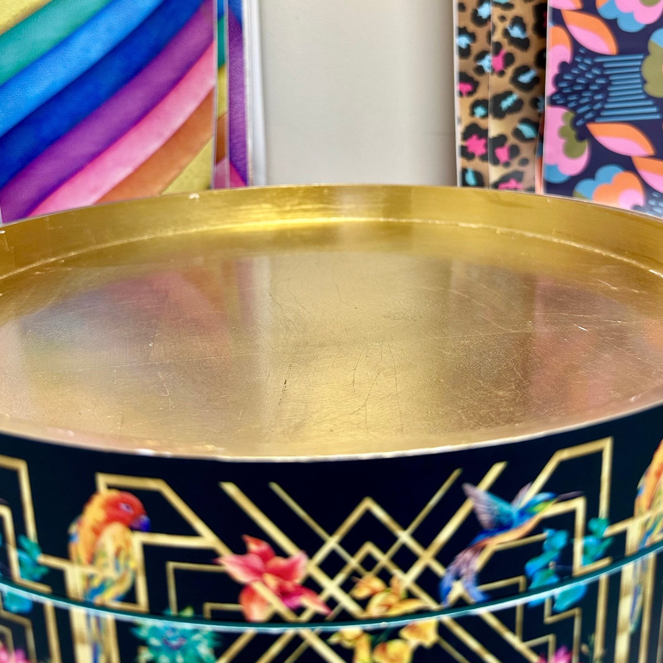 Art Deco Bed Side Table, Emerald Green, Gold and Pink Bird Design ...
