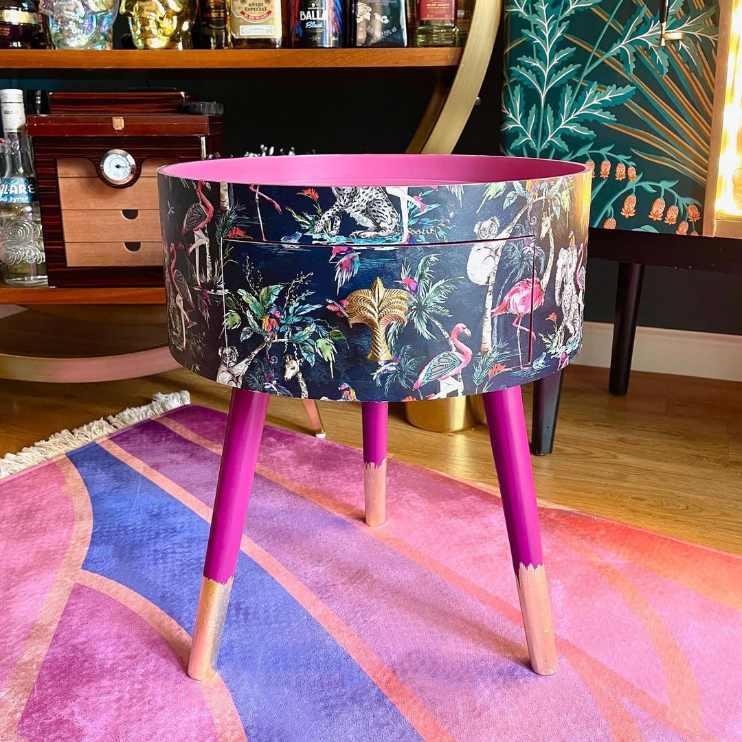 Round Bedside Table, Hot Pink and Navy, Fun Bright Home Decor. Pink ...