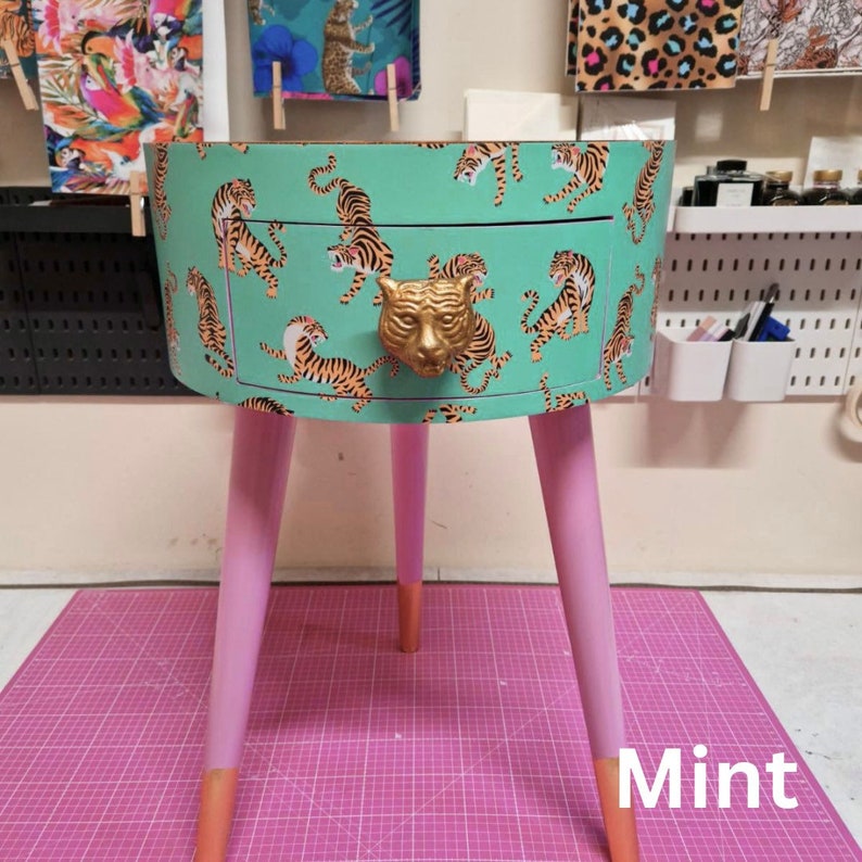Round Tiger Side Table With Drawer. Tiger Print in 7 Colours, Pink ...