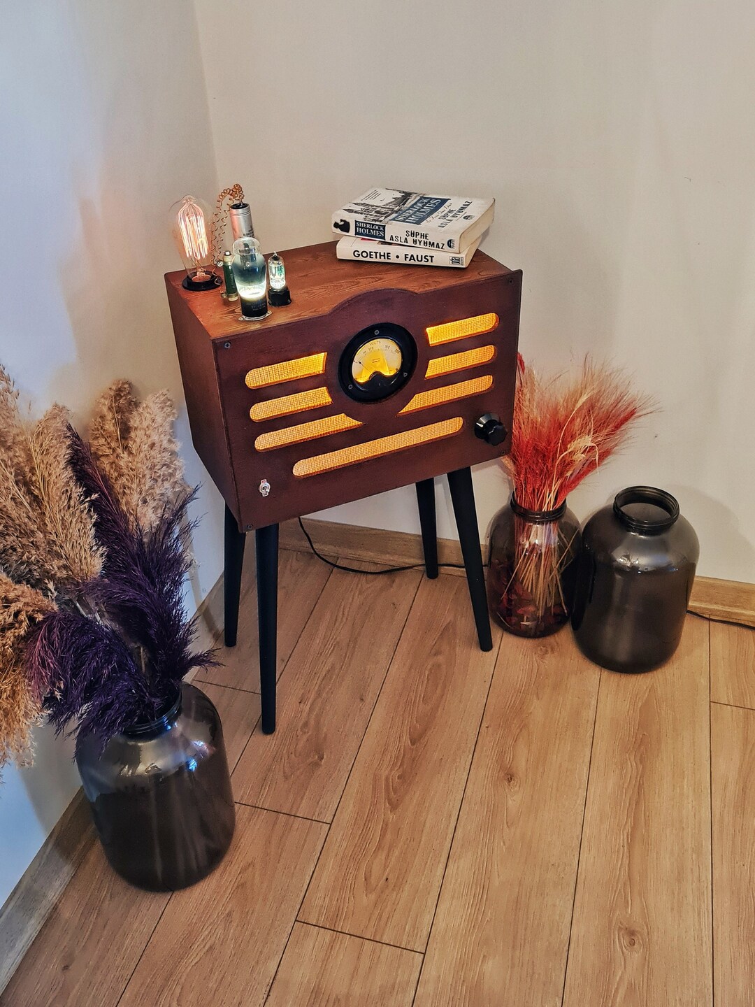 Vintage Wooden Vacuum Tube Radio Floor Lamp, Retro Radio Bedside Lamp ...