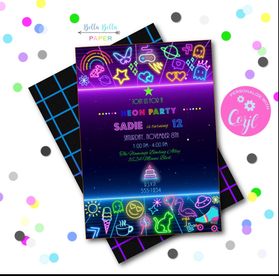 Neon Glow Party Invitation Template, Neon Party | EDITABLE FILE ...
