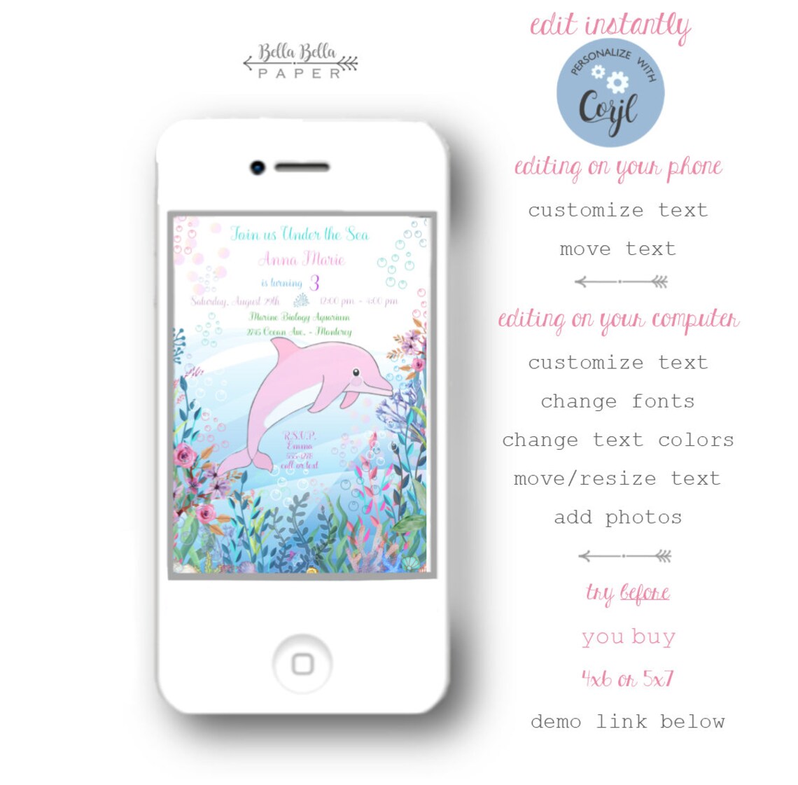 Pink Dolphin Birthday Invitation, Under the Sea Invite, Instant ...