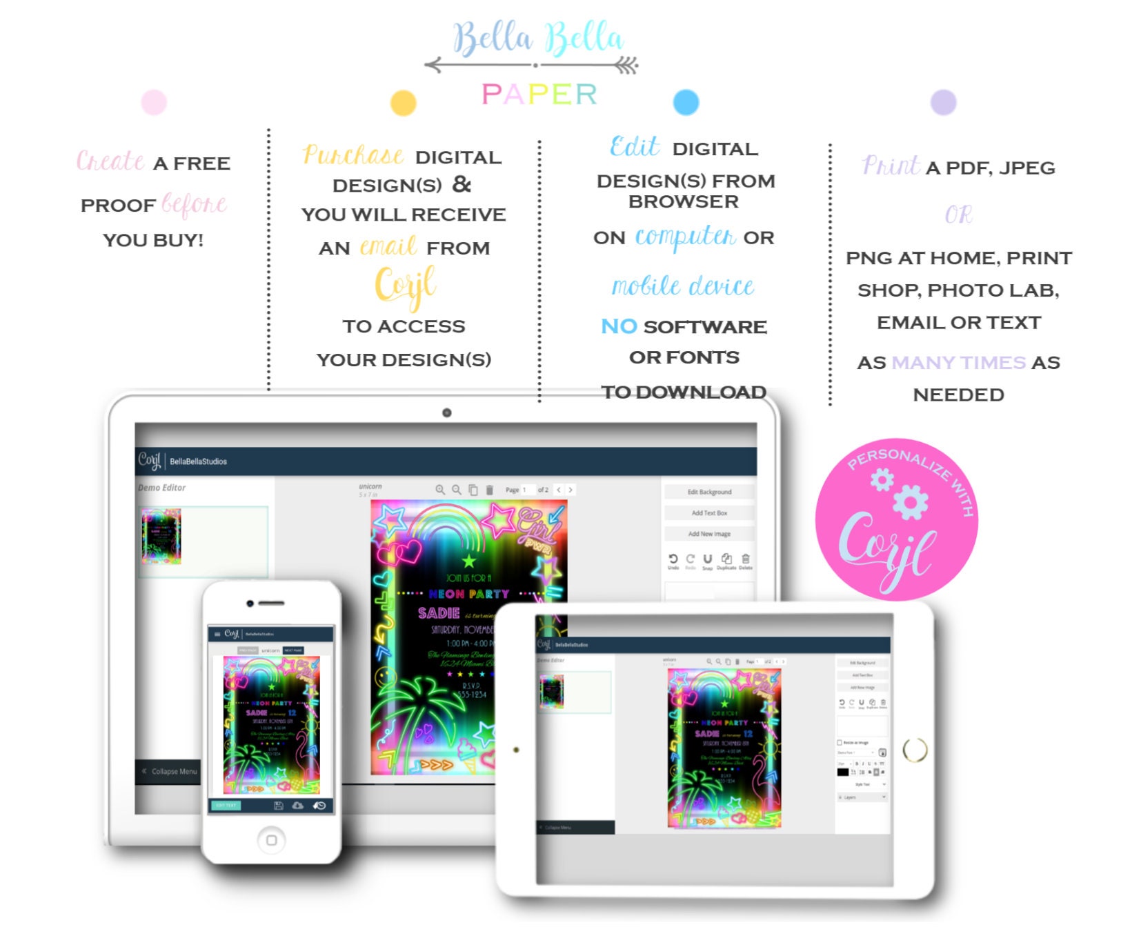 Rainbow Glow Party Invitation Template, Neon Party | EDITABLE FILE ...
