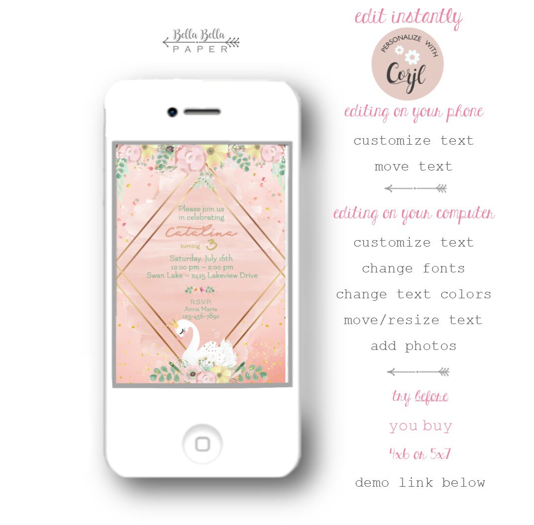 Swan Birthday Invitation, Instant Download | Invitation Template ...