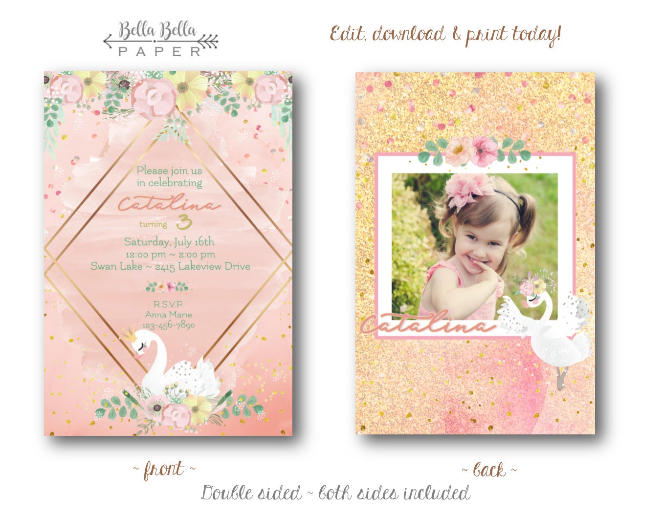 Swan Birthday Invitation, Instant Download | Invitation Template ...
