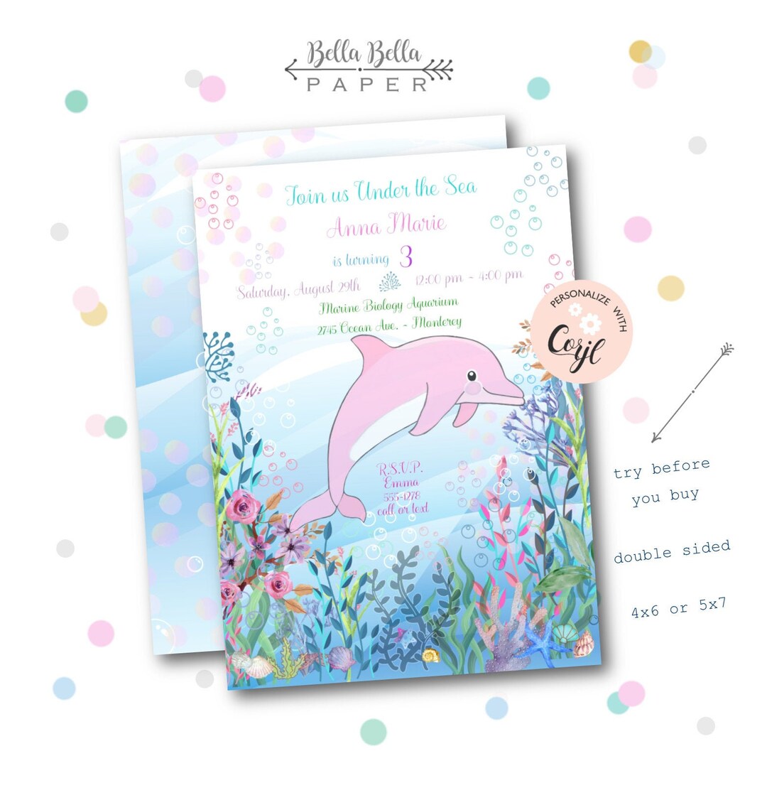 Pink Dolphin Birthday Invitation, Under the Sea Invite, Instant ...