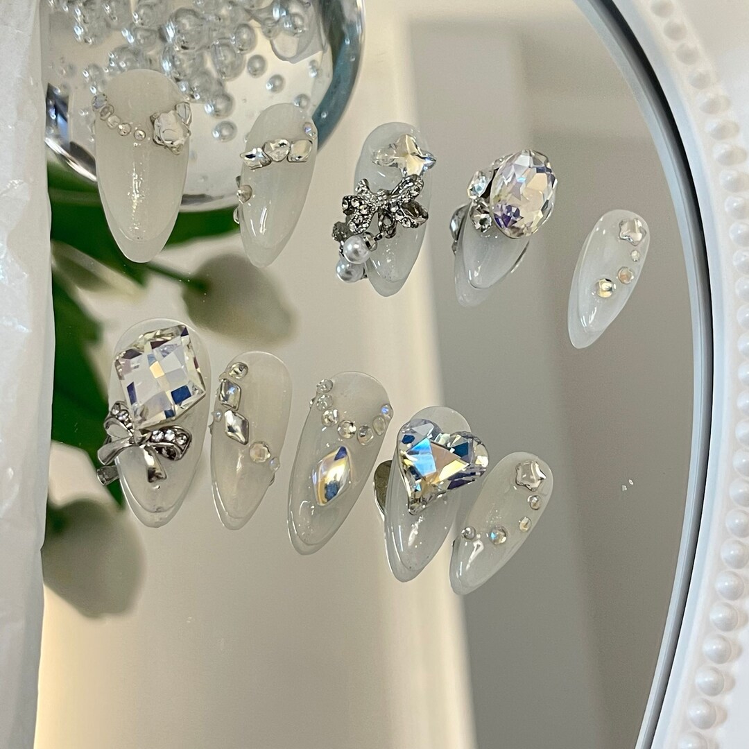Luxury White Swarovski Crystal Press on Nails | Almond Nails Handmade ...