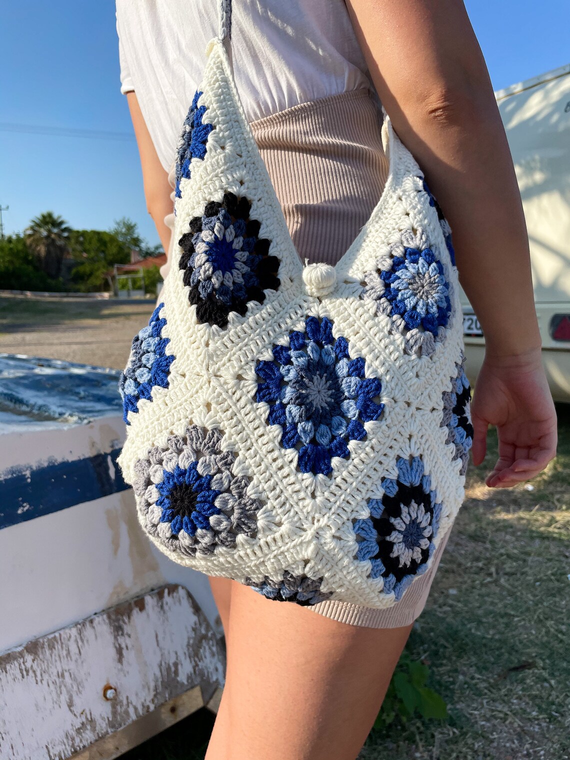 White Blue Crochet Bag / Granny Square Bag / Knitted Women | Etsy
