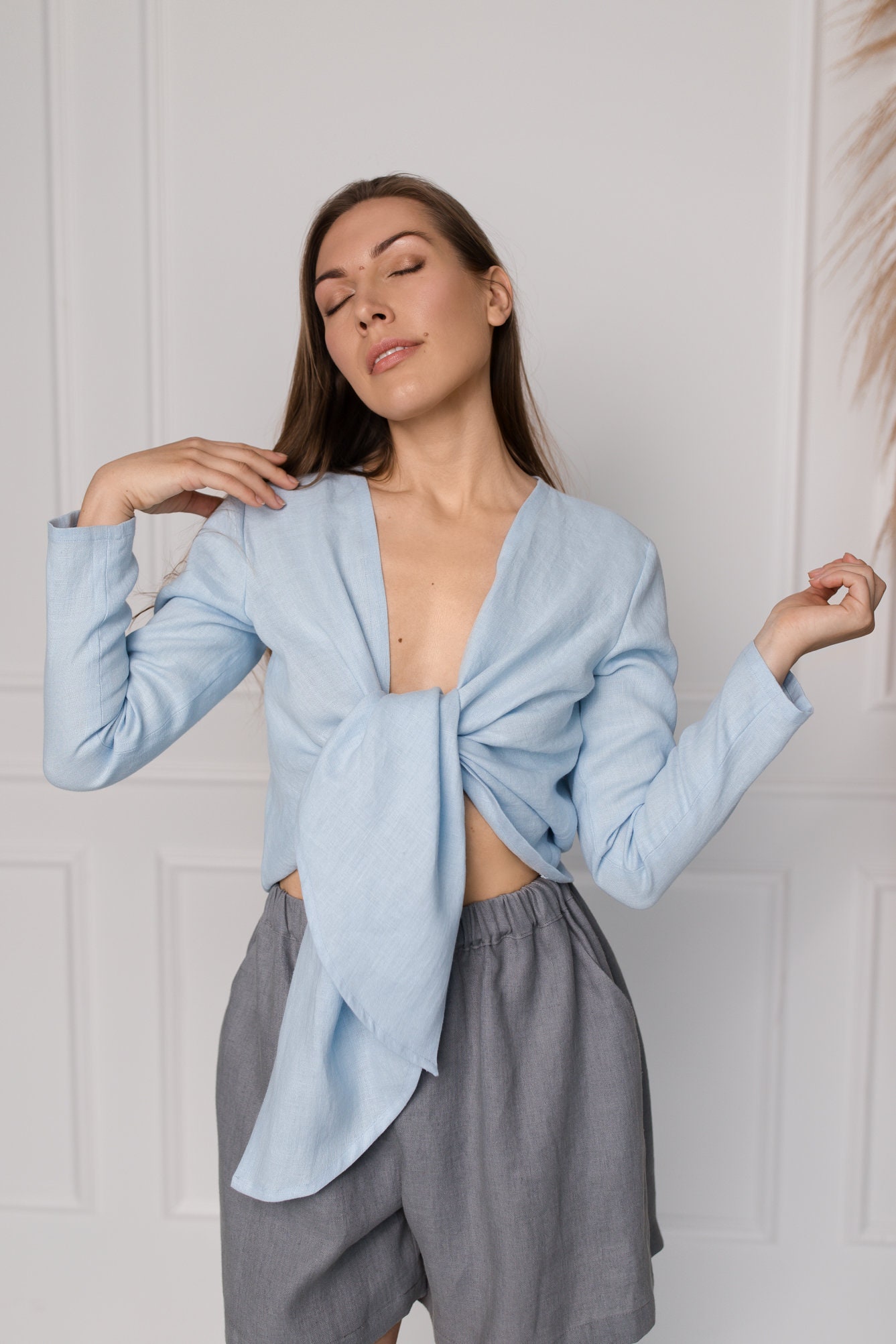 Linen Front Tie Top DUBAI, Front Wrap Linen Top, Long Sleeve Cropped ...