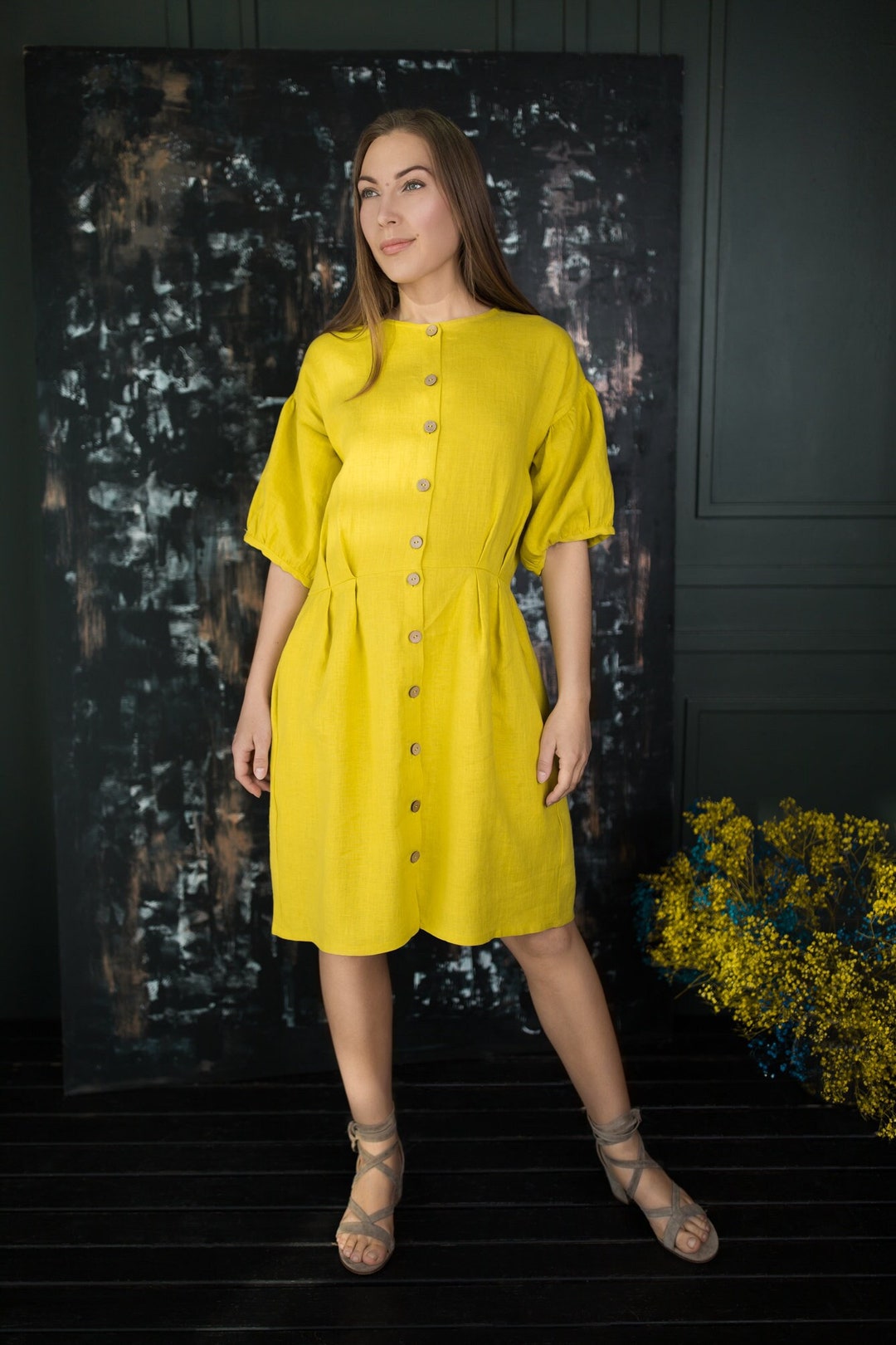 Linen Dress MONA, Linen Shirt Dress, Dress With Pockets, Pleated Linen ...