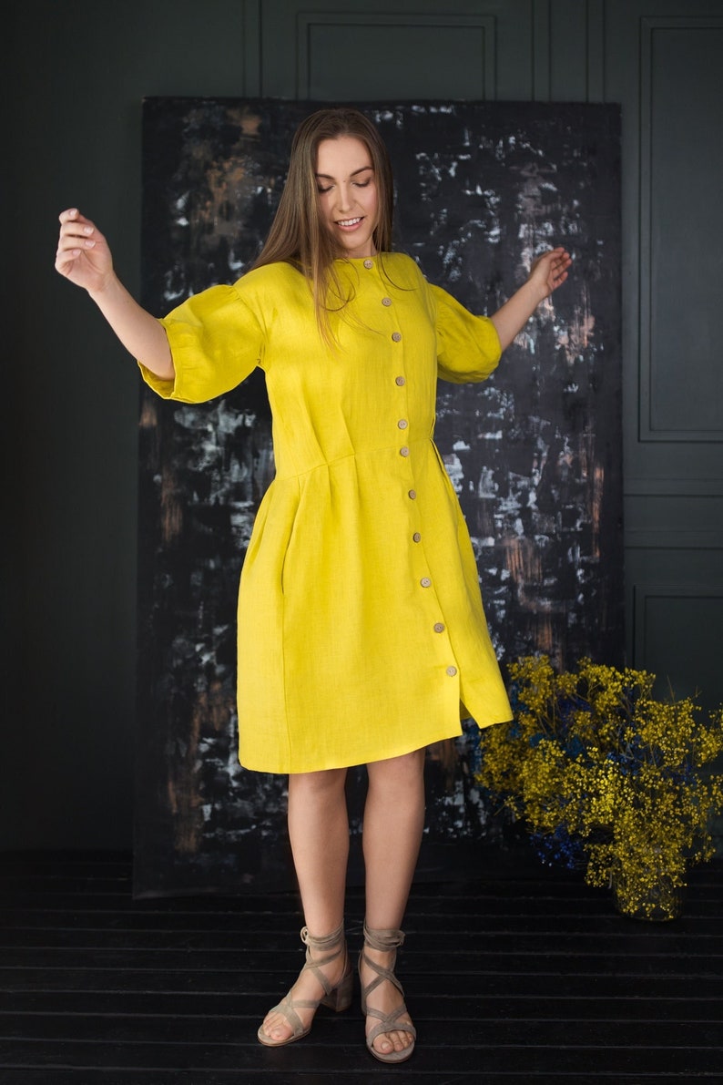 Linen Dress MONA, Linen Shirt Dress, Dress With Pockets, Pleated Linen ...