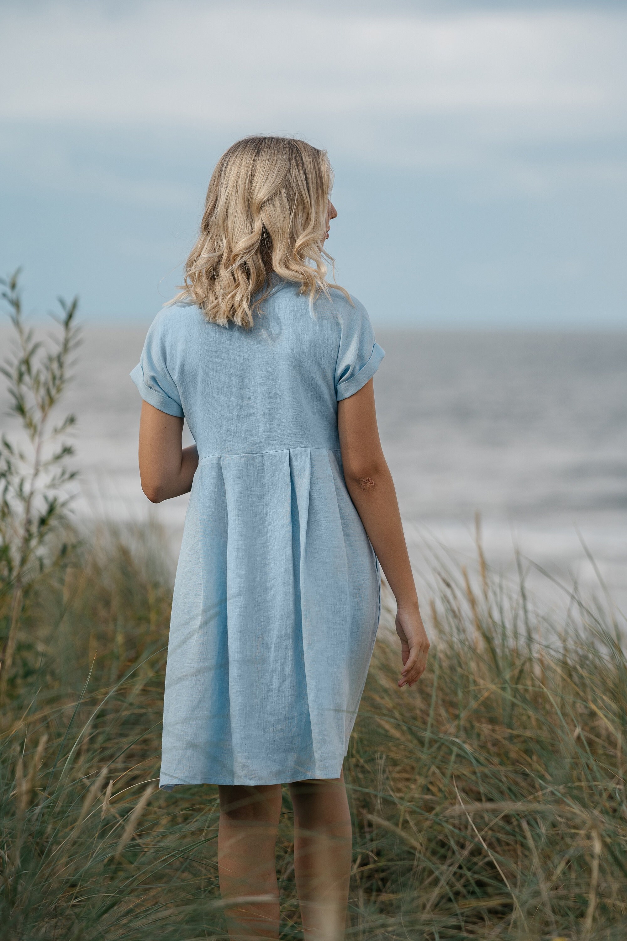 Linen Button Down Dress LAURA, Short Sleeve Linen Midi Dress, Pleated ...