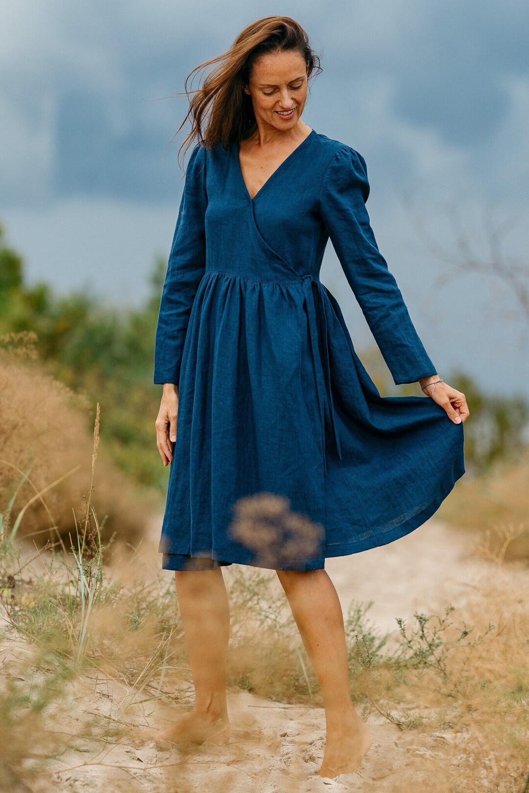 Lnen Wrap Dress BORA, Linen Maxi Wrap Dress, Long Sleeve Dress, V Neck ...