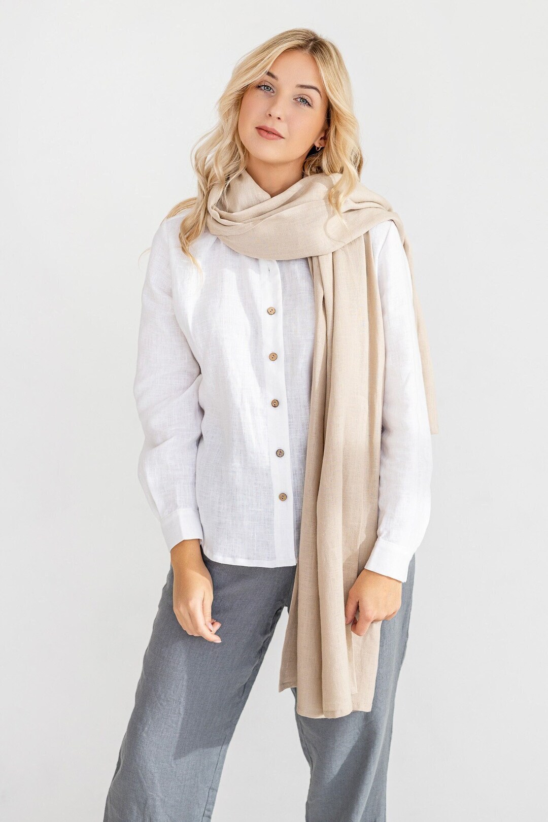 Linen Scarf in Natural Color / Wide Scarf / Washed Linen Scarf / Linen ...