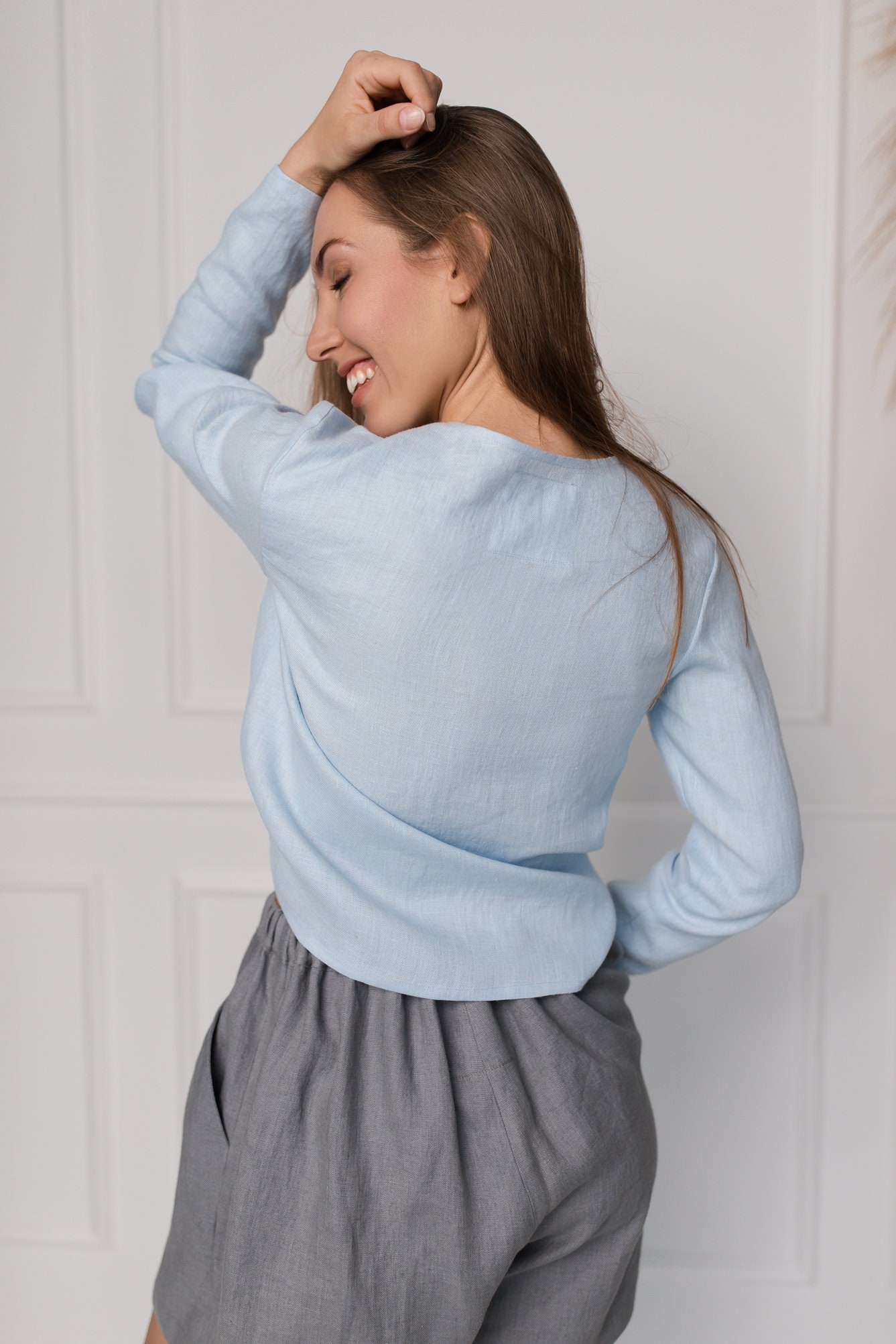 Linen Front Tie Top DUBAI, Front Wrap Linen Top, Long Sleeve Cropped ...