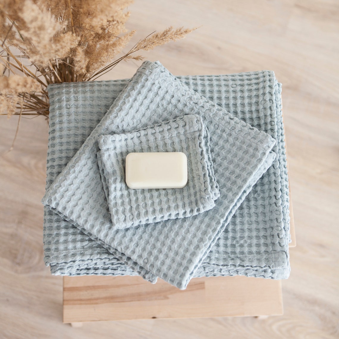 Sky Blue Color Linen Waffle Towel Set, Waffle Bath Towel, Hand Towel ...