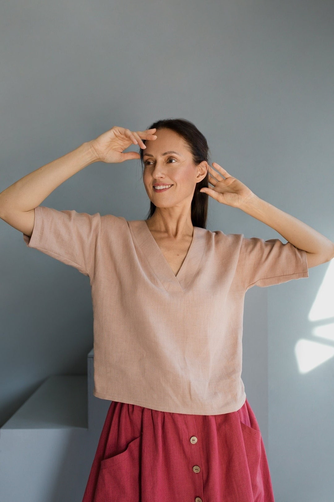 Boxy Linen Top EMILY, Linen Blouse for Women, V Neck Linen Top ...