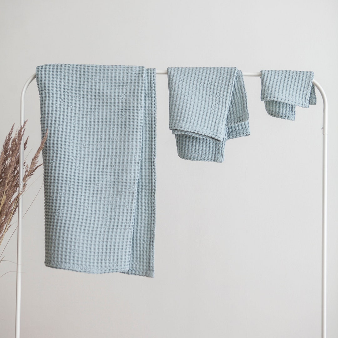 Sky Blue Color Linen Waffle Towel Set, Waffle Bath Towel, Hand Towel ...
