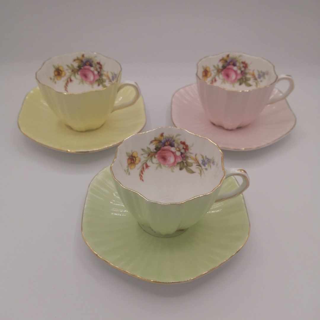 Vintage GREEN PINK and YELLOW Foley Tea Cups and Saucers - Etsy
