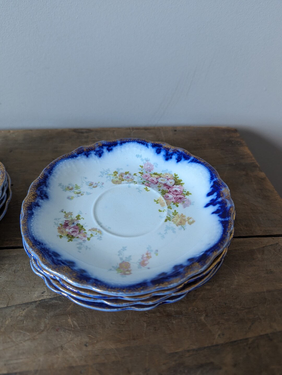 Antique FLOW BLUE Set of Two Plates by WH Grindley, Rare Floral Pattern ...