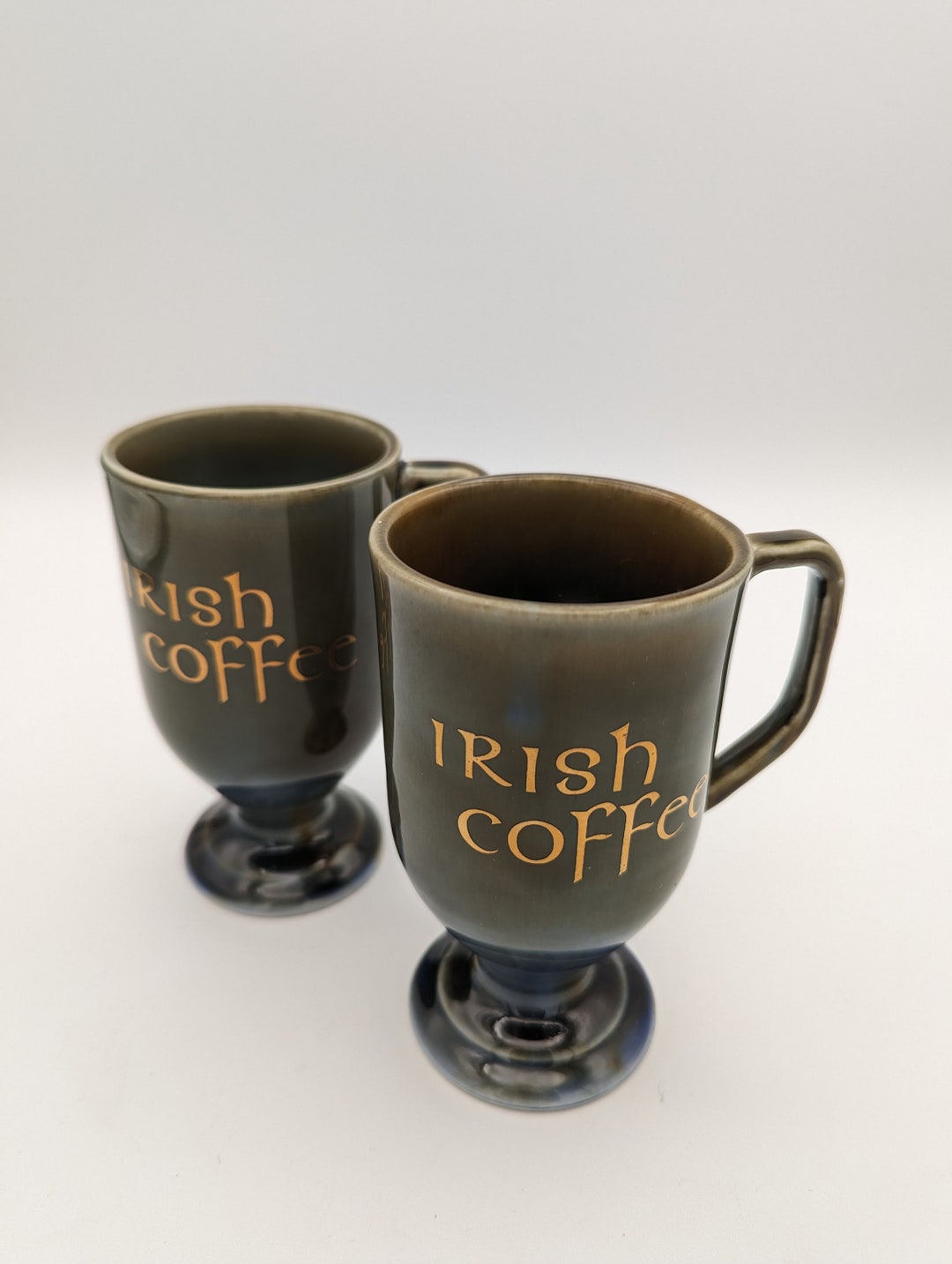 Vintage "irish Coffee" Porcelain Cups, Pedestal Mugs in Green With Hint ...