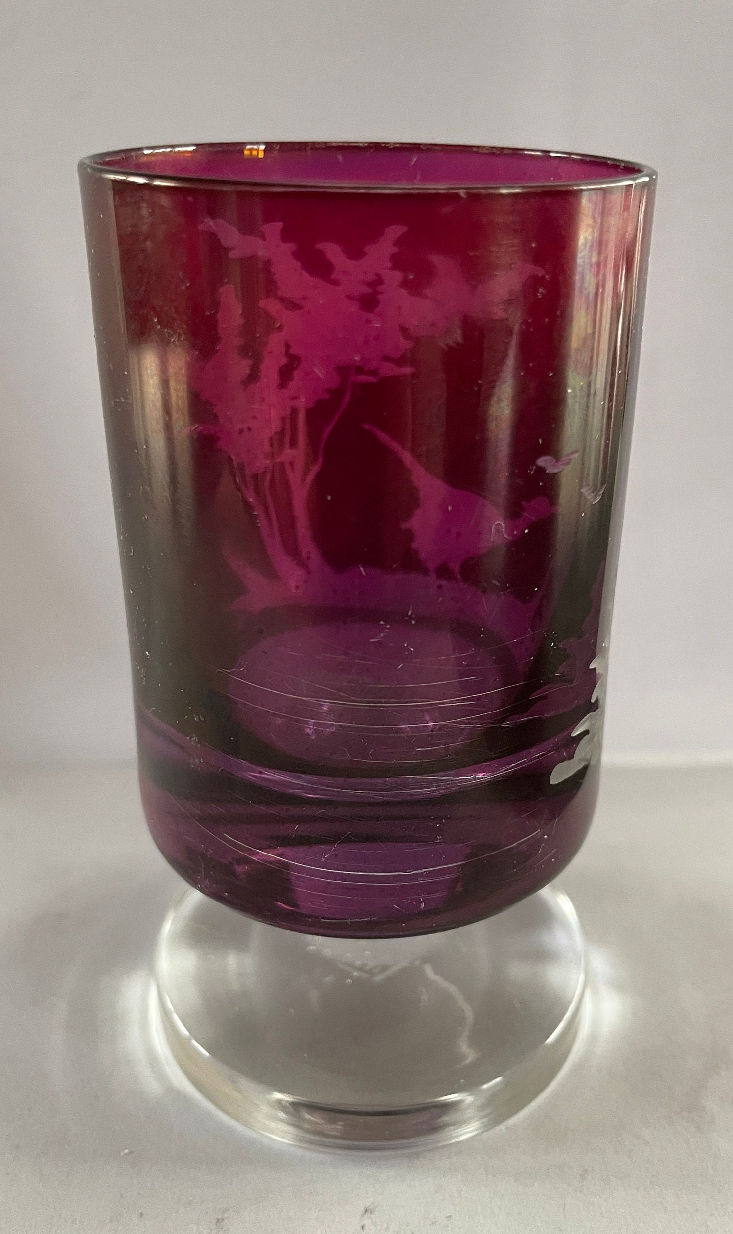 Riedel Bohemian Etched Cranberry Vintage Antique Pheasent Scene Pair ...