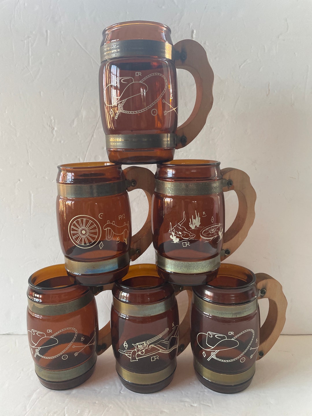 Vintage Siesta Ware Mugs Amber Glass Barrel Western Cowboy Theme Set of ...
