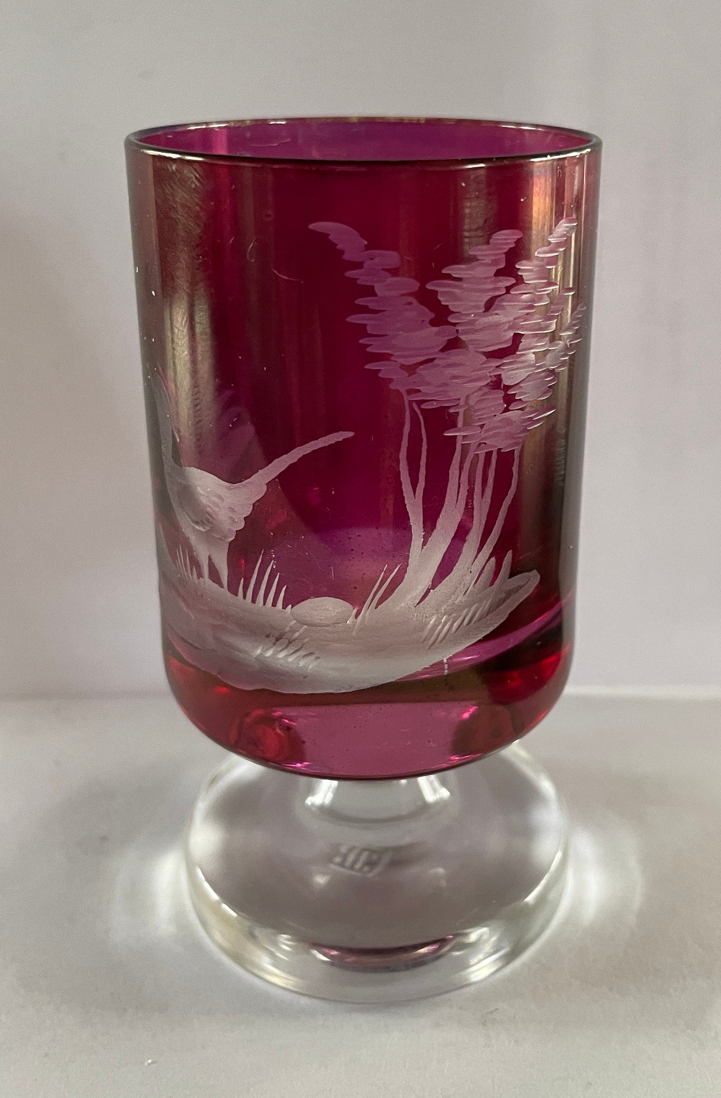 Riedel Bohemian Etched Cranberry Vintage Antique Pheasent Scene Pair ...