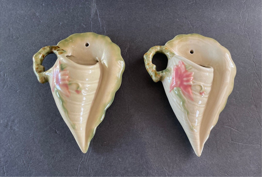 Vintage Hull Pottery Wall Pocket Woodland Floral Pink Matching Pair ...