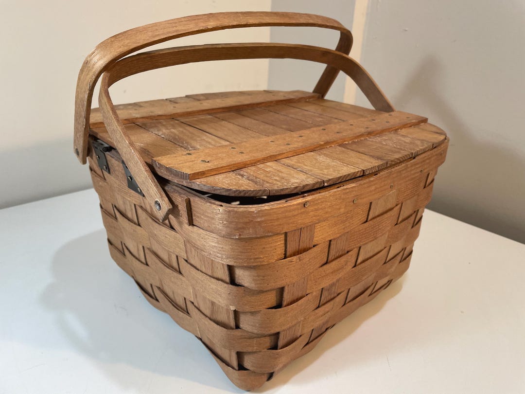 Vtg Split Oak Pie Basket With Insert Riser Double Handle Picnic ...