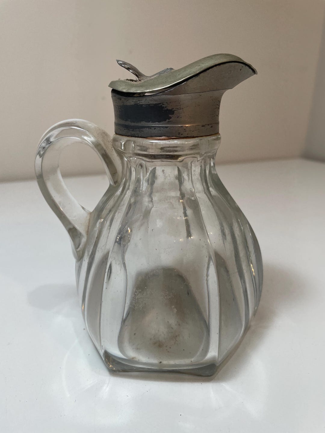Antique Syrup Pitcher Glass With Pewter Lid EAPG Vtg 1890's Victorian ...