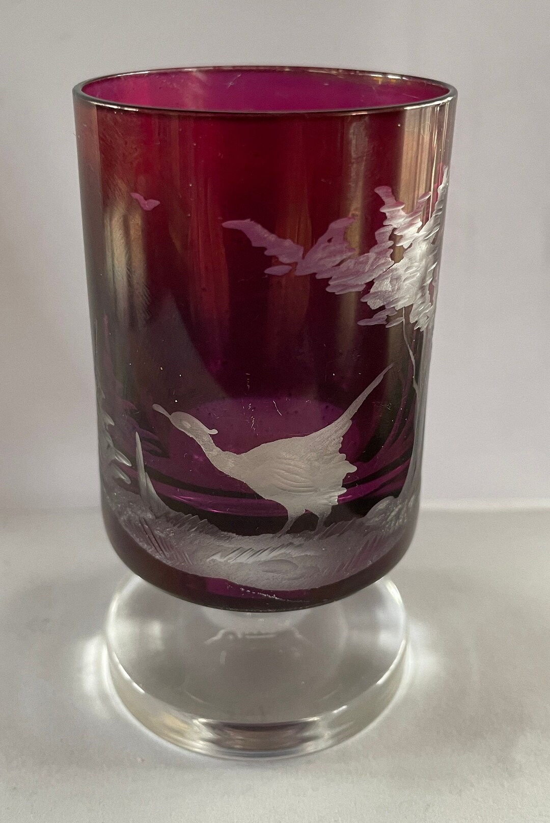 Riedel Bohemian Etched Cranberry Vintage Antique Pheasent Scene Pair ...