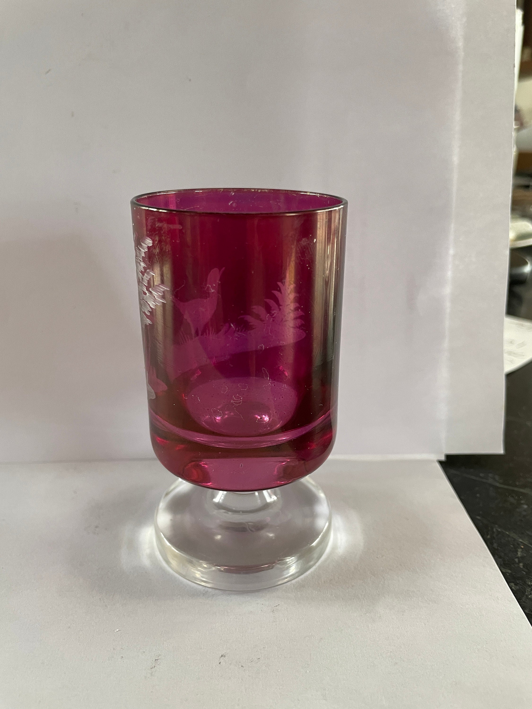 Riedel Bohemian Etched Cranberry Vintage Antique Pheasent Scene Pair ...