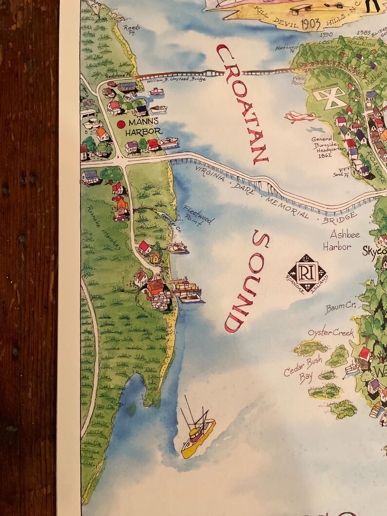Illustrated Map Art Print of the Outer Banks Jim Mitchem Signed 16" X ...