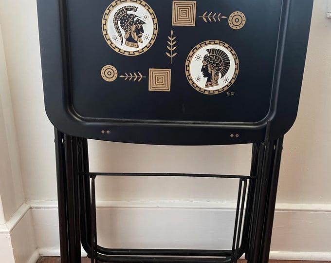 MCM TV Tray Tables W/ Stand Set of 4 Folding Metal Black and Gold Greek ...
