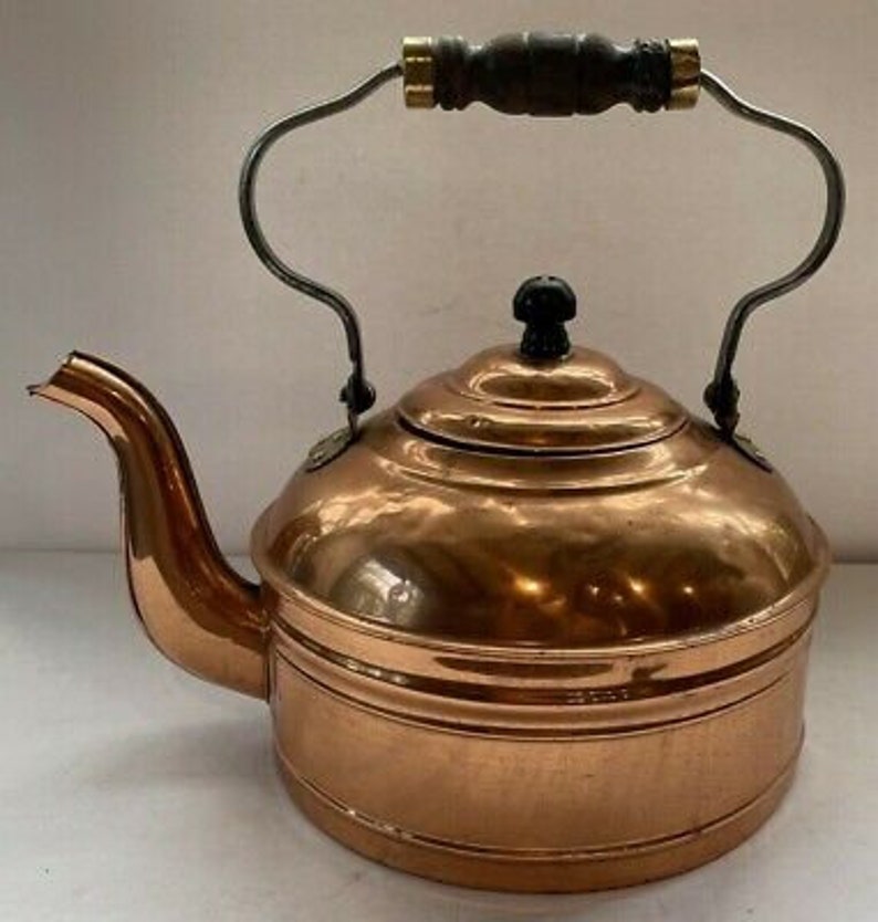 Ant Vtg Copper Kettle Steam Tea Swing Wood Handle Farmhouse Country ...