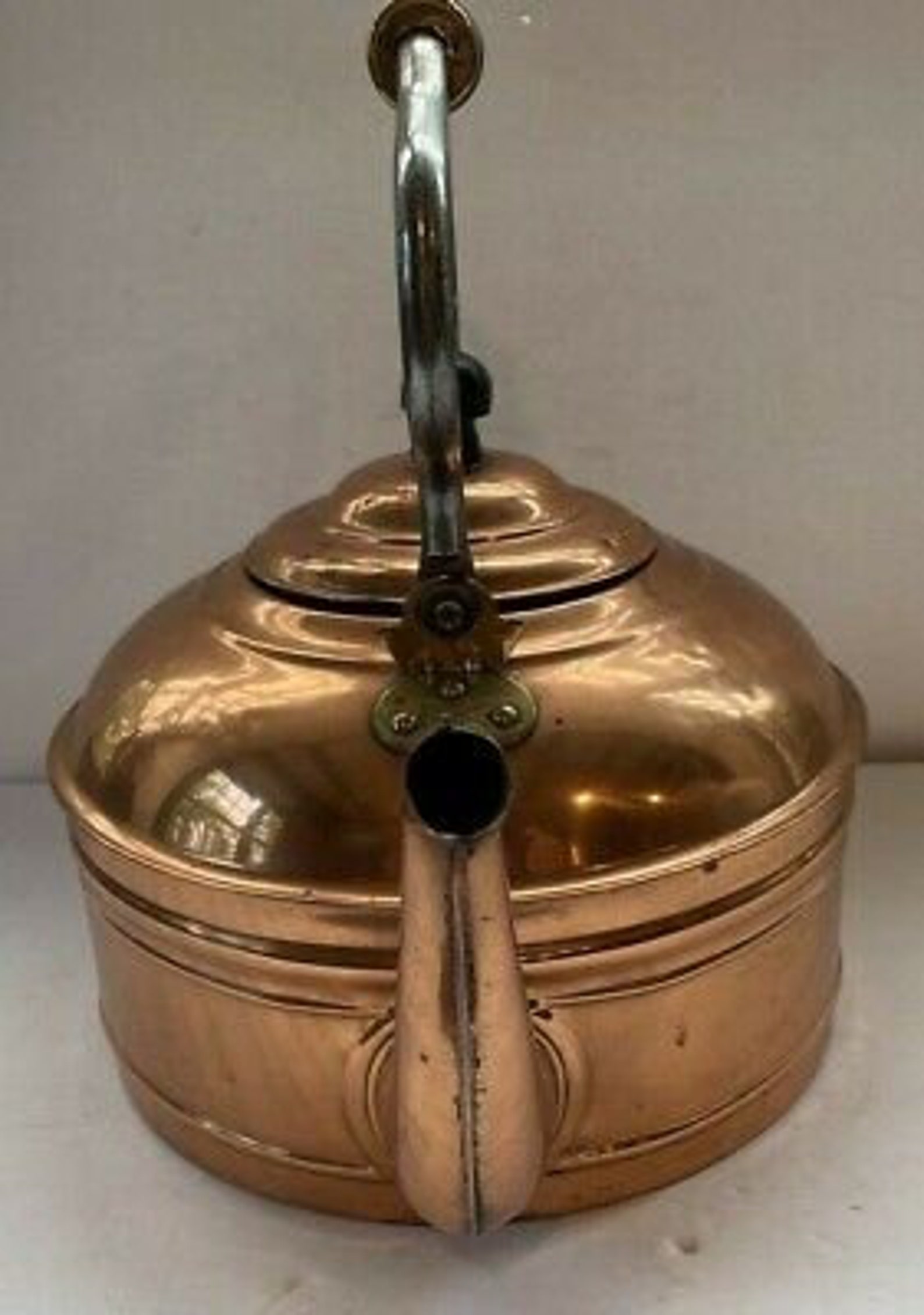 Ant Vtg Copper Kettle Steam Tea Swing Wood Handle Farmhouse Country ...