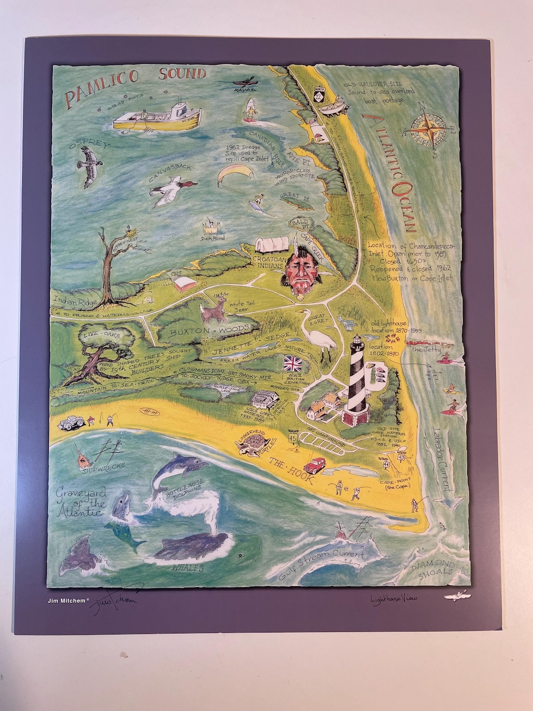 Vintage Outer Banks NC Map OBX Illustrated Art Print Jim Mitchem Signed ...