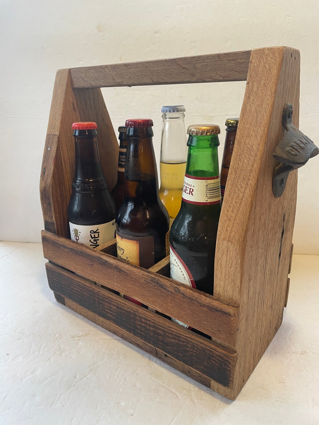 Handmade Wood Beer Caddy 6 Bottle Carrier With Built-in Opener Rustic ...