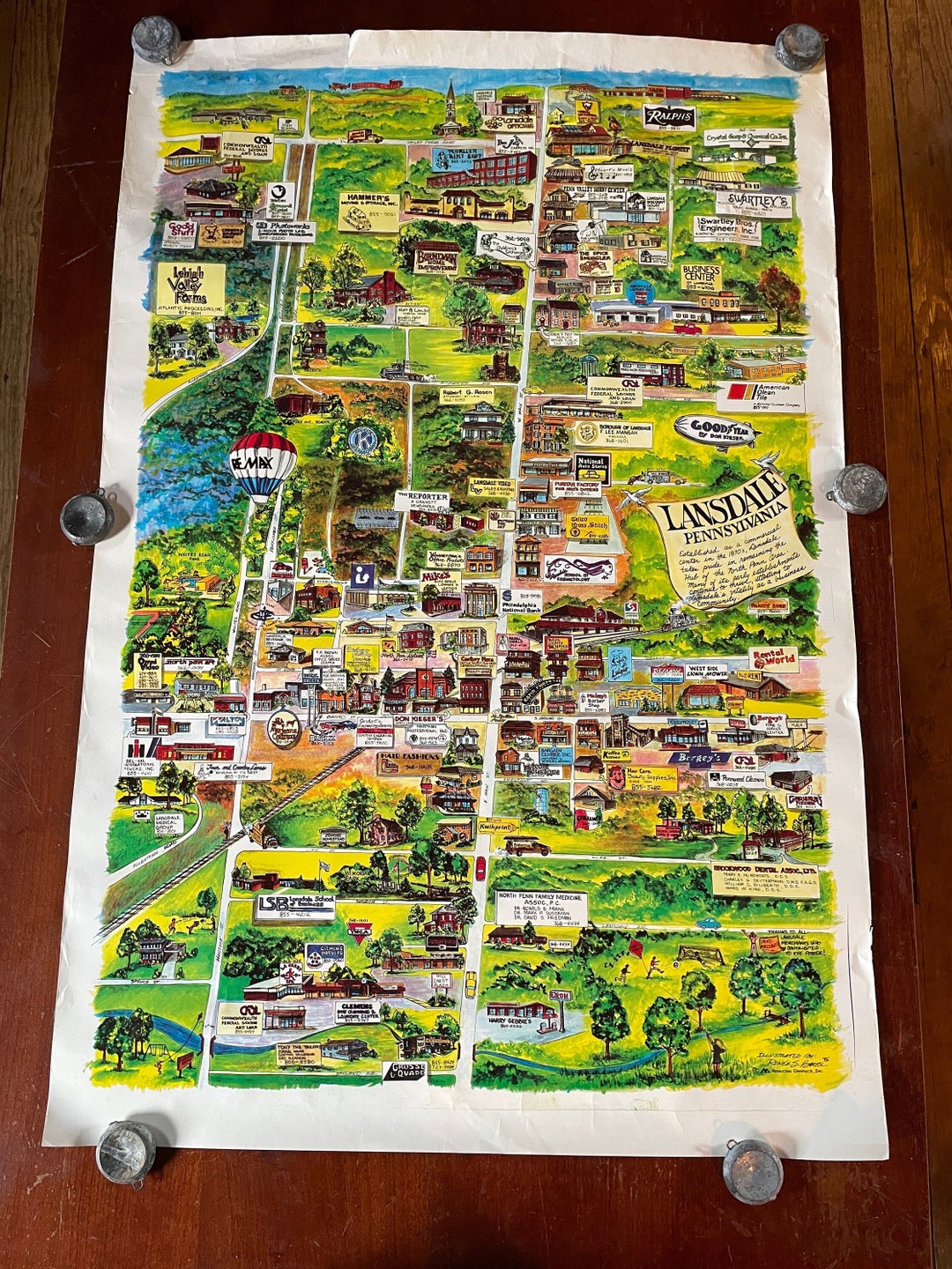 Vtg Map Lansdale PA 1985 Illustrated Cartoon Map of Businesses Art ...