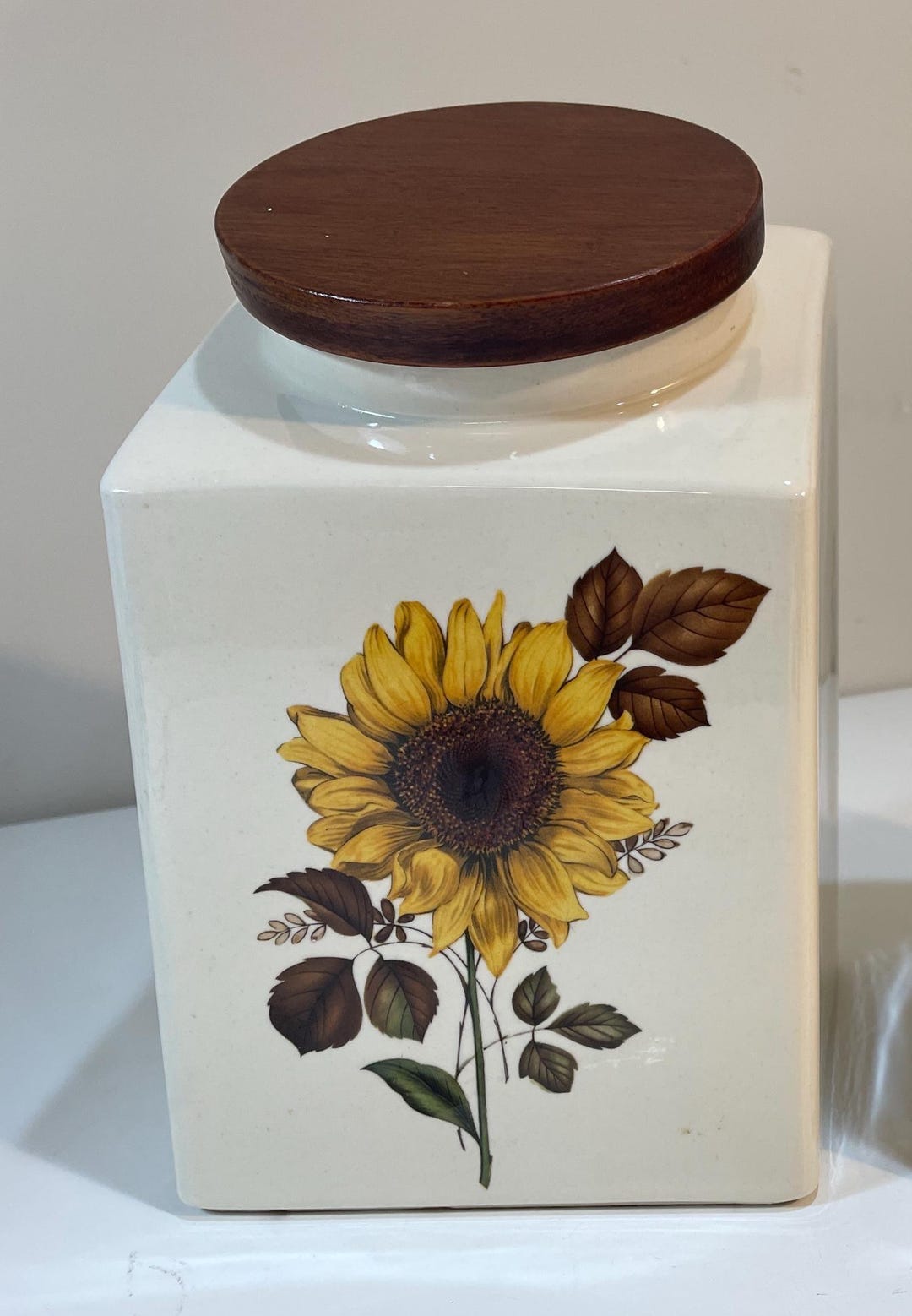 Sunflower Canister Cookie Jar Wood Lid Hyalyn Pottery Stoneware Ceramic ...
