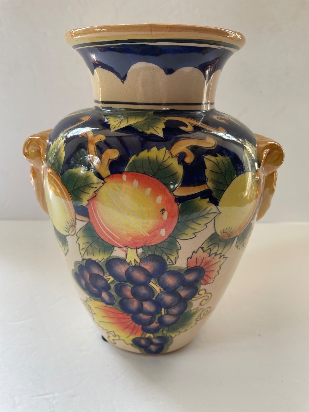 Vtg Hand Painted Italian Pottery Vase Fruit Grapes Italy Ceramic 9 Urn ...