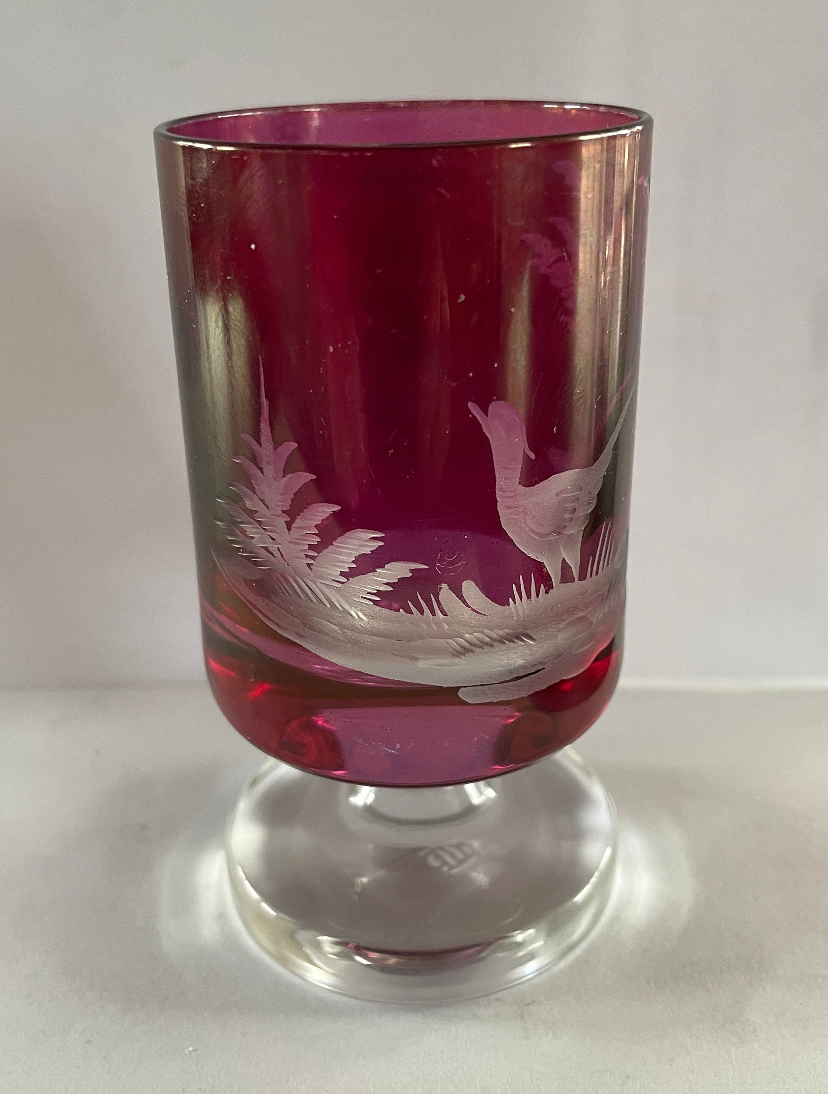Riedel Bohemian Etched Cranberry Vintage Antique Pheasent Scene Pair ...